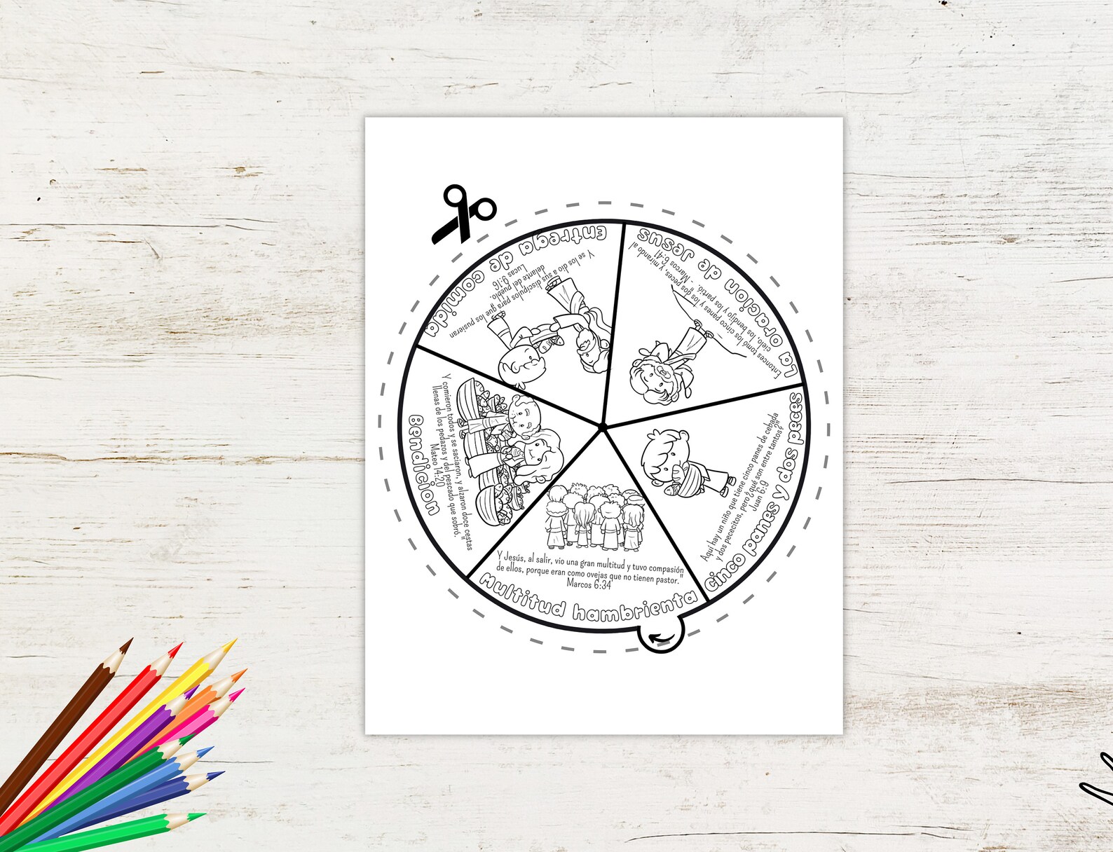 Jesus Feeds 5,000 Coloring Wheel IN SPANISH, Jesus Miracle Coloring ...