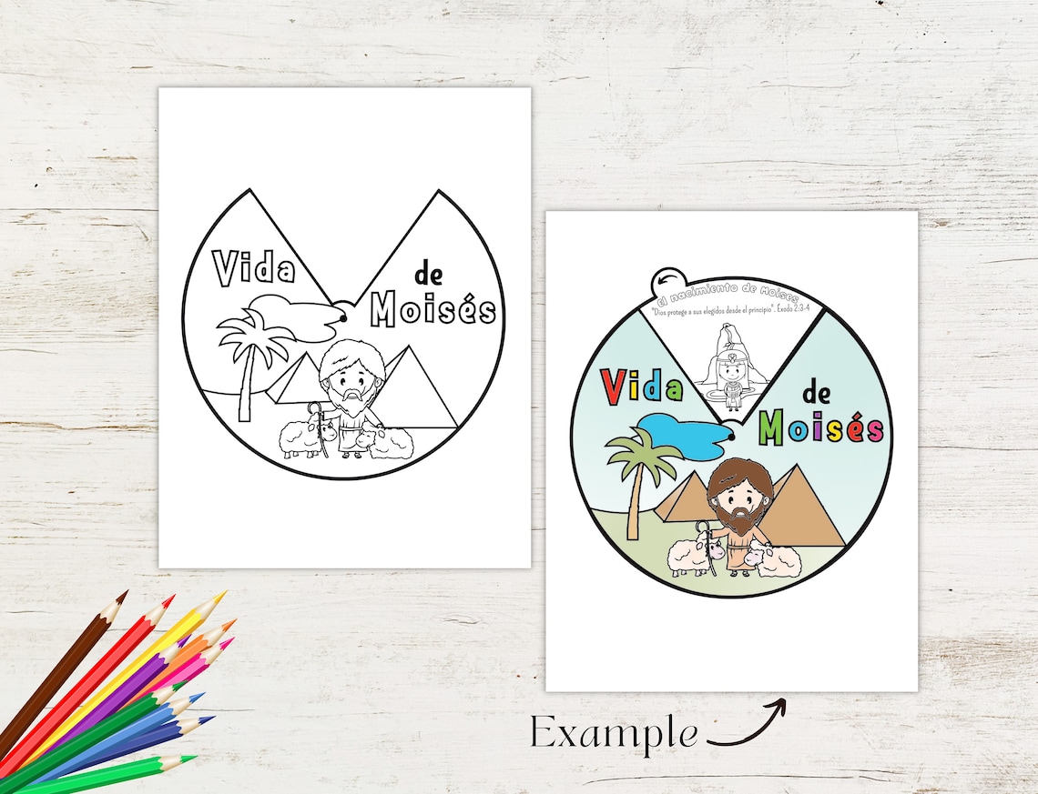 Story of Moses Coloring Wheel SPANISH, Bible Coloring Wheel, Printable ...