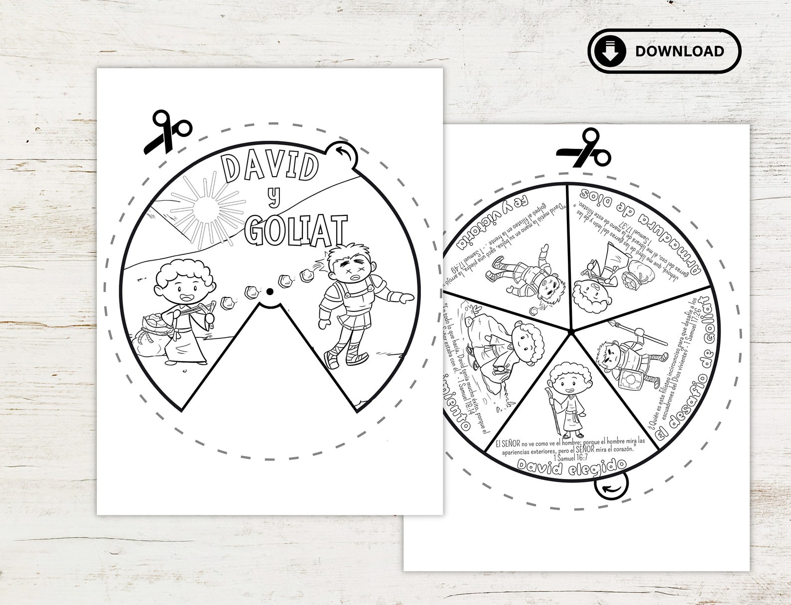 David and Goliath Coloring Wheel IN SPANISH, Printable Bible Activity ...