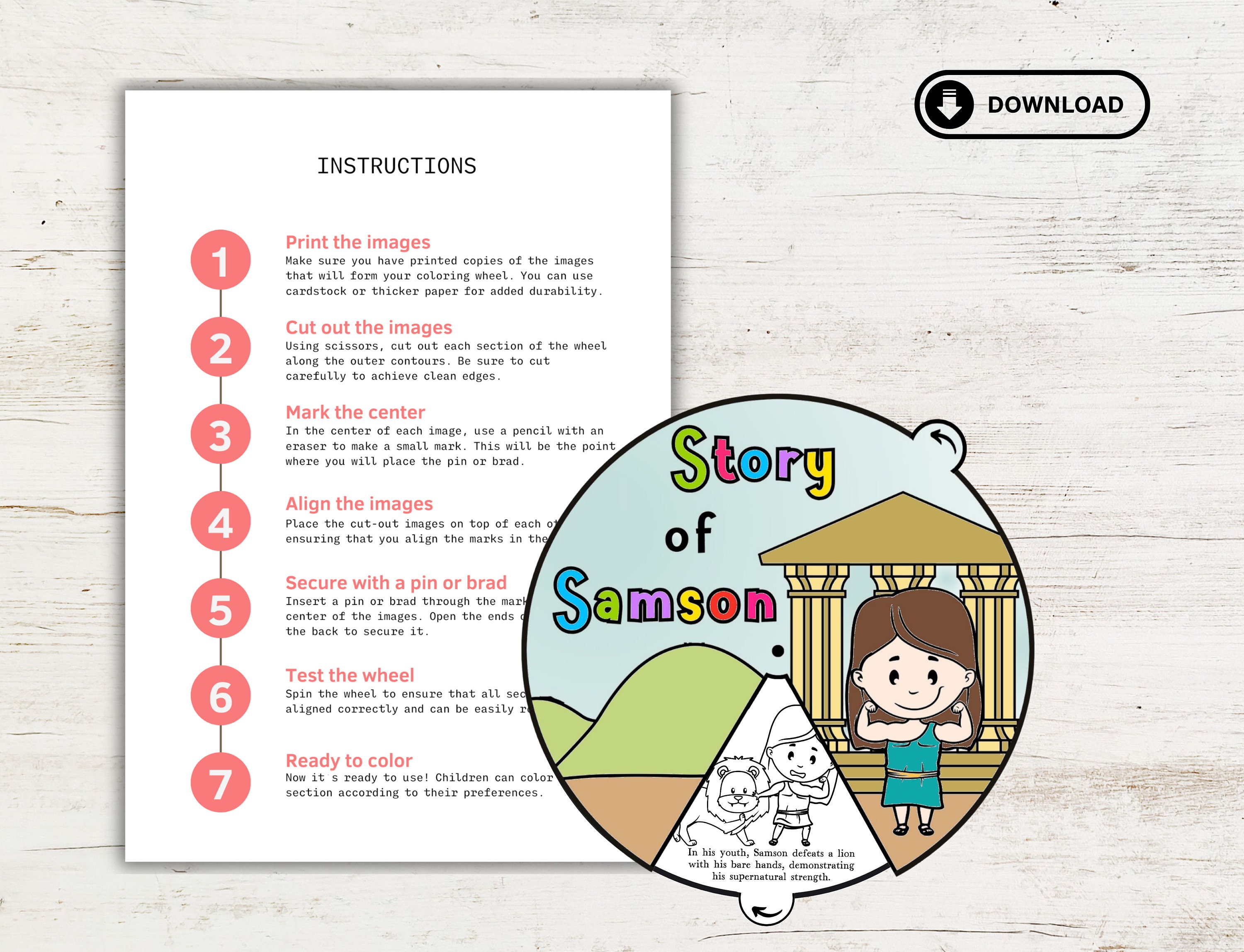 Story of Samson Coloring Wheel, Bible Coloring Wheel, Printable Bible ...