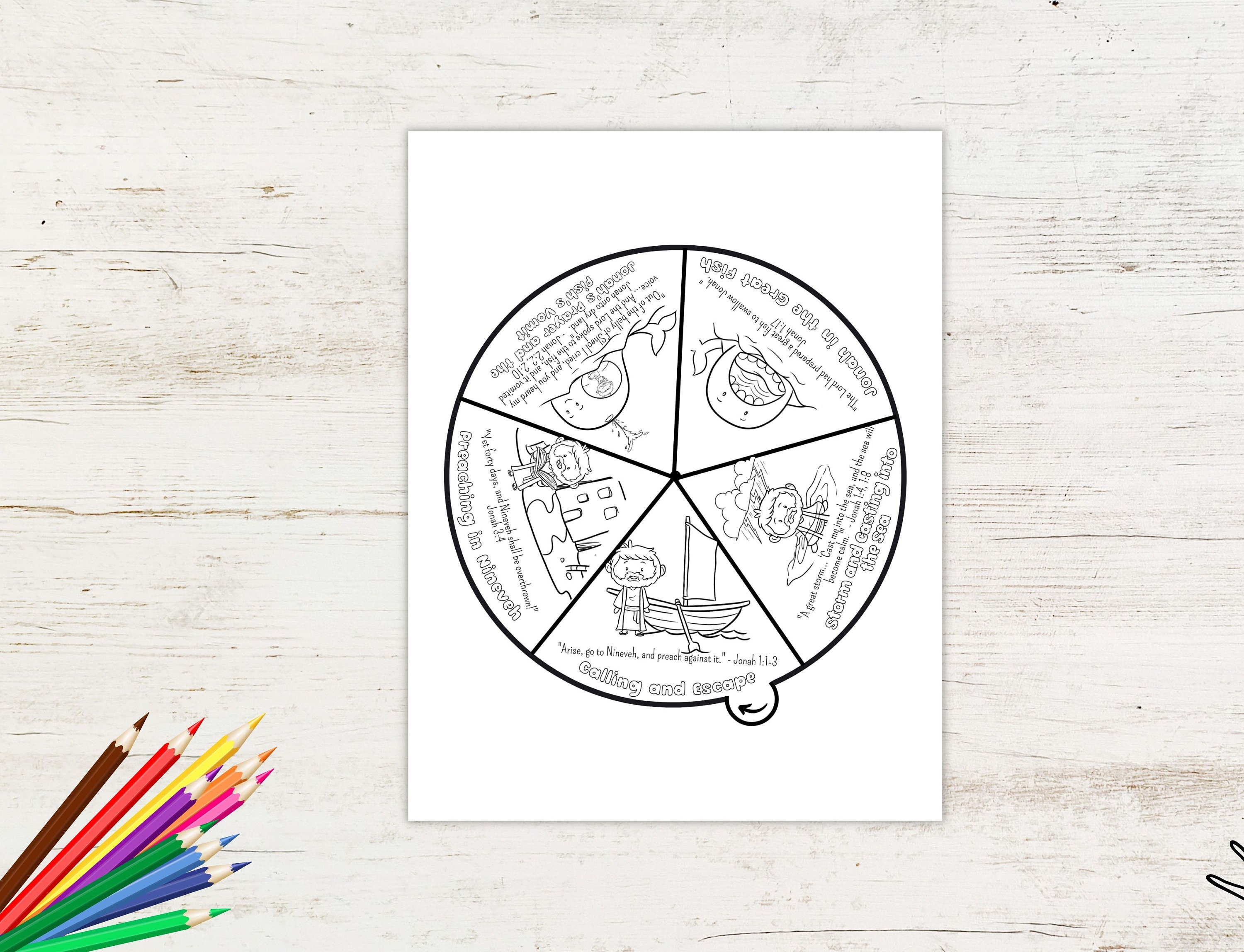 Jonah and the Whale Coloring Wheel Bible Story Wheel Printable Bible ...
