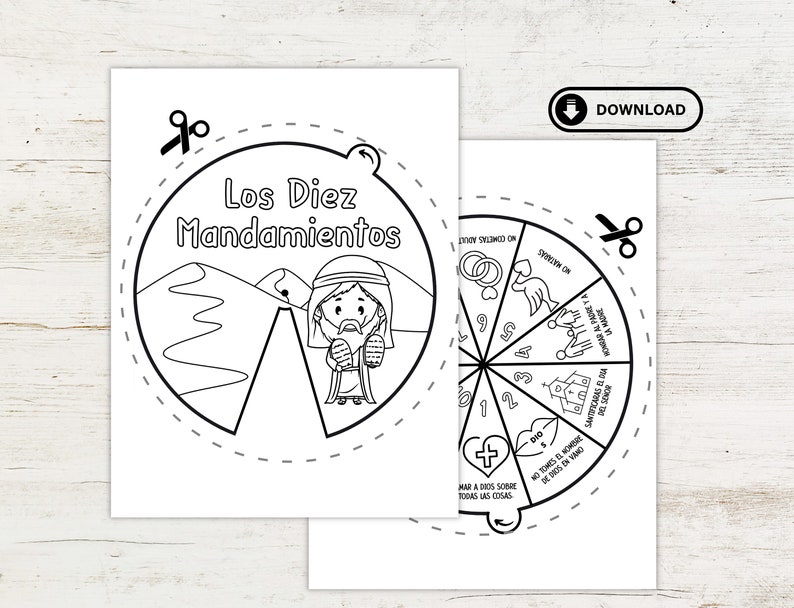 Ten Commandments Coloring Wheel SPANISH Bible Story Wheel Printable Bible Activity Kids Bible ...