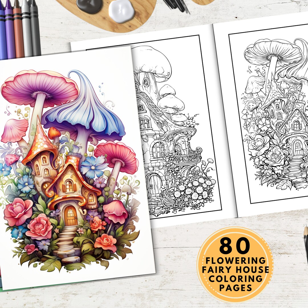 80 Flowering Fairy House Coloring Book, Printable PDF, House Flowers ...