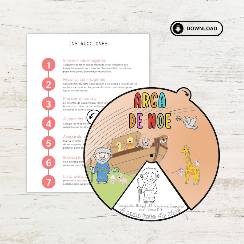 Noahs Ark Coloring Wheel SPANISH Bible Story Activities Printable Bible ...