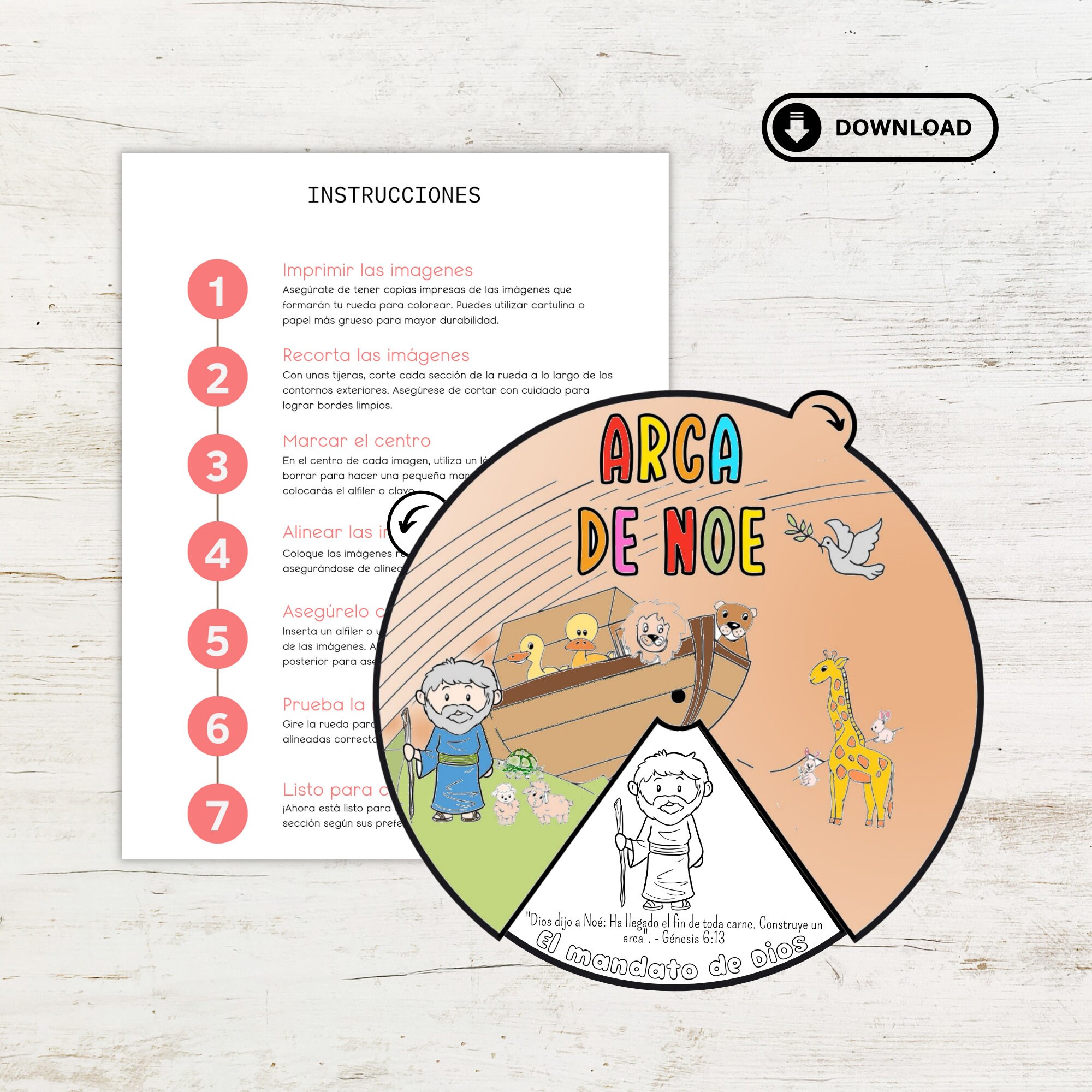Noahs Ark Coloring Wheel SPANISH Bible Story Activities Printable Bible ...