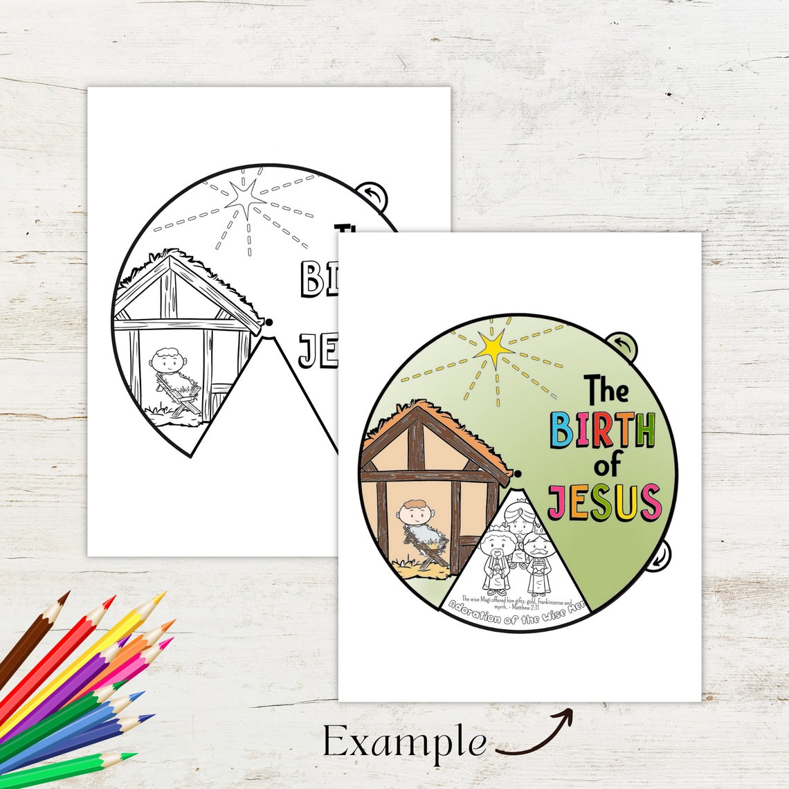 Birth of Jesus Coloring Wheel Bible Story Activities Printable Nativity ...