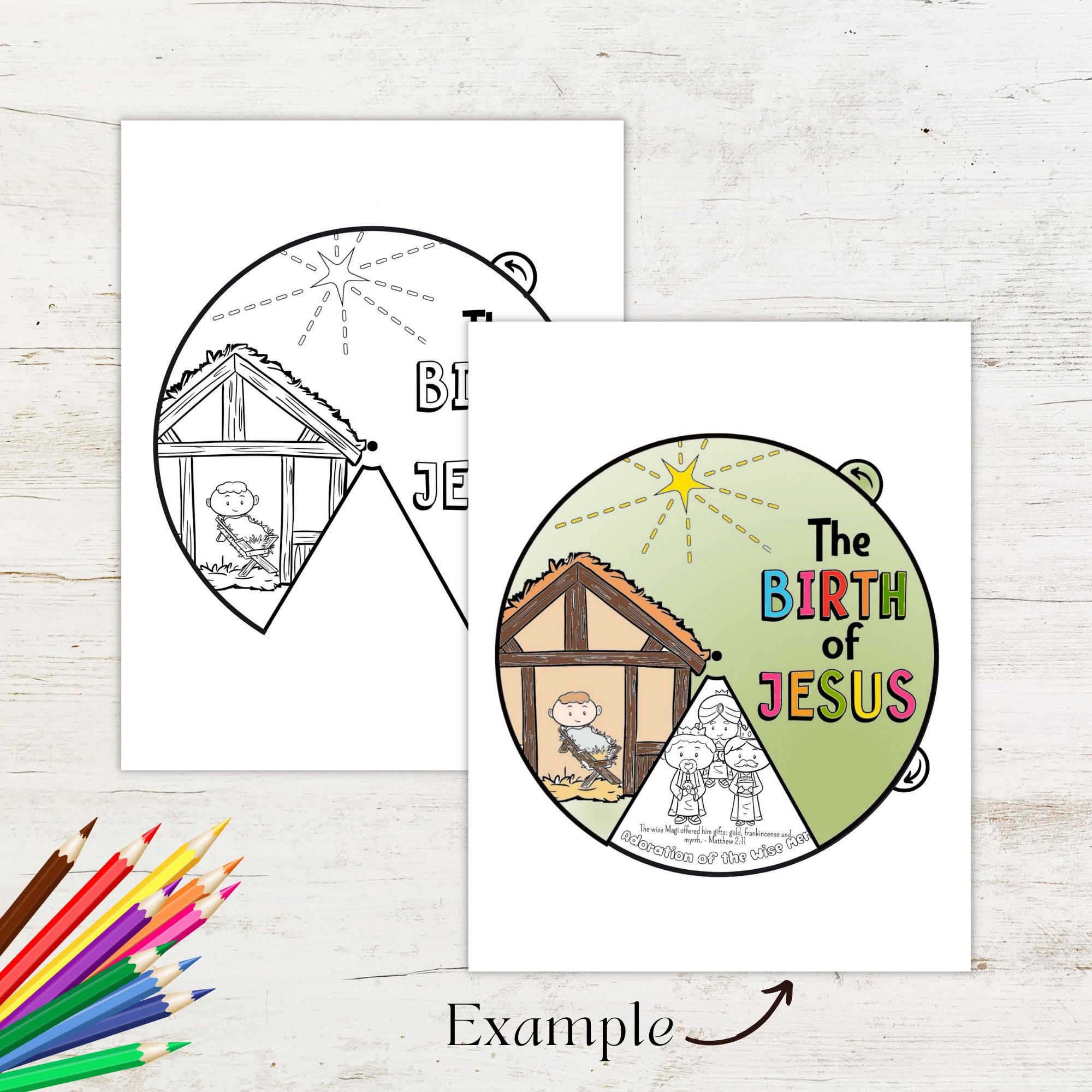 Birth of Jesus Coloring Wheel Bible Story Activities Printable Nativity ...