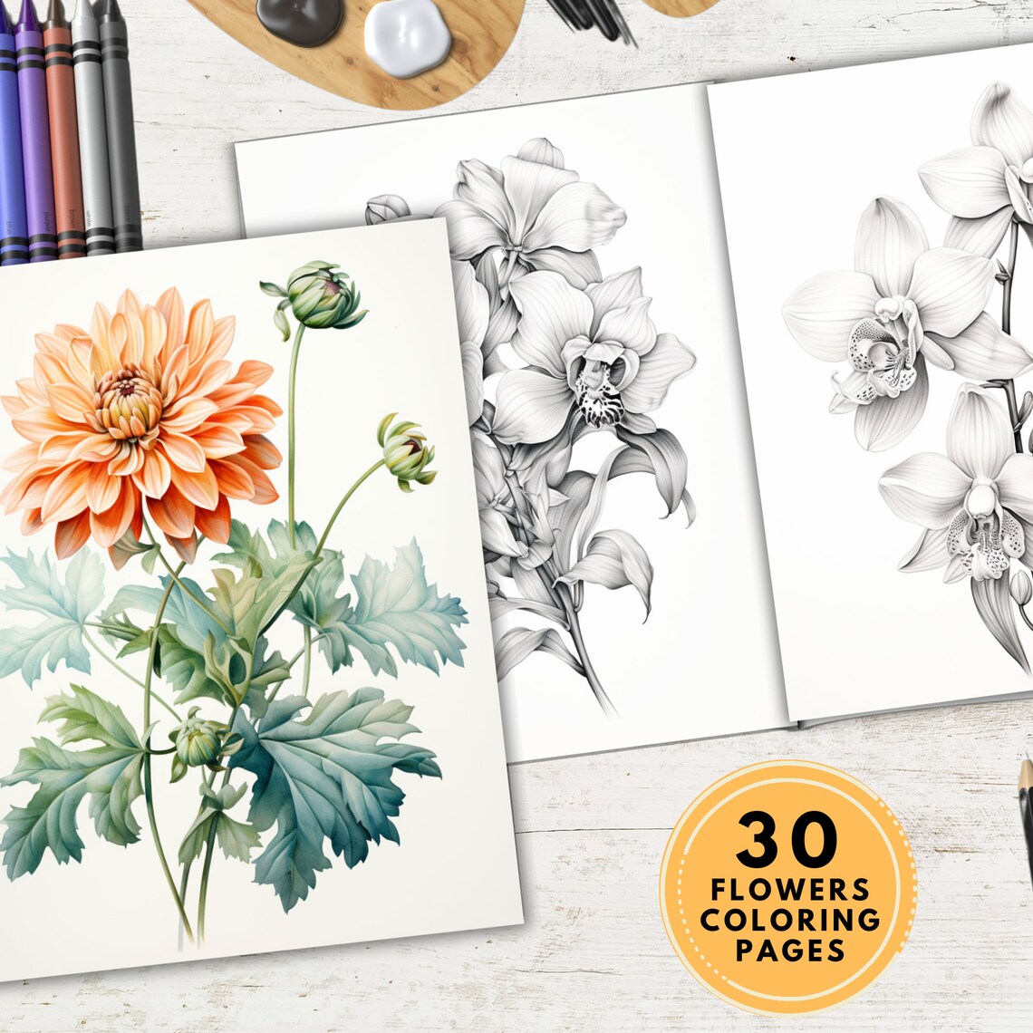 30 Printable Flower Coloring Pages, Coloring Book, Adults Kids, PDF ...