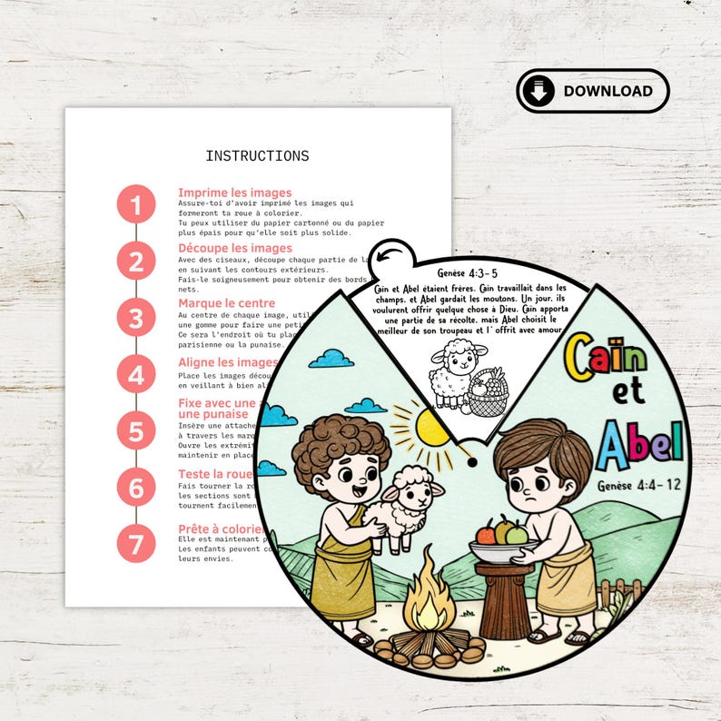 Cain and Abel Coloring Wheel IN FRENCH | Bible Story Activity for Kids ...