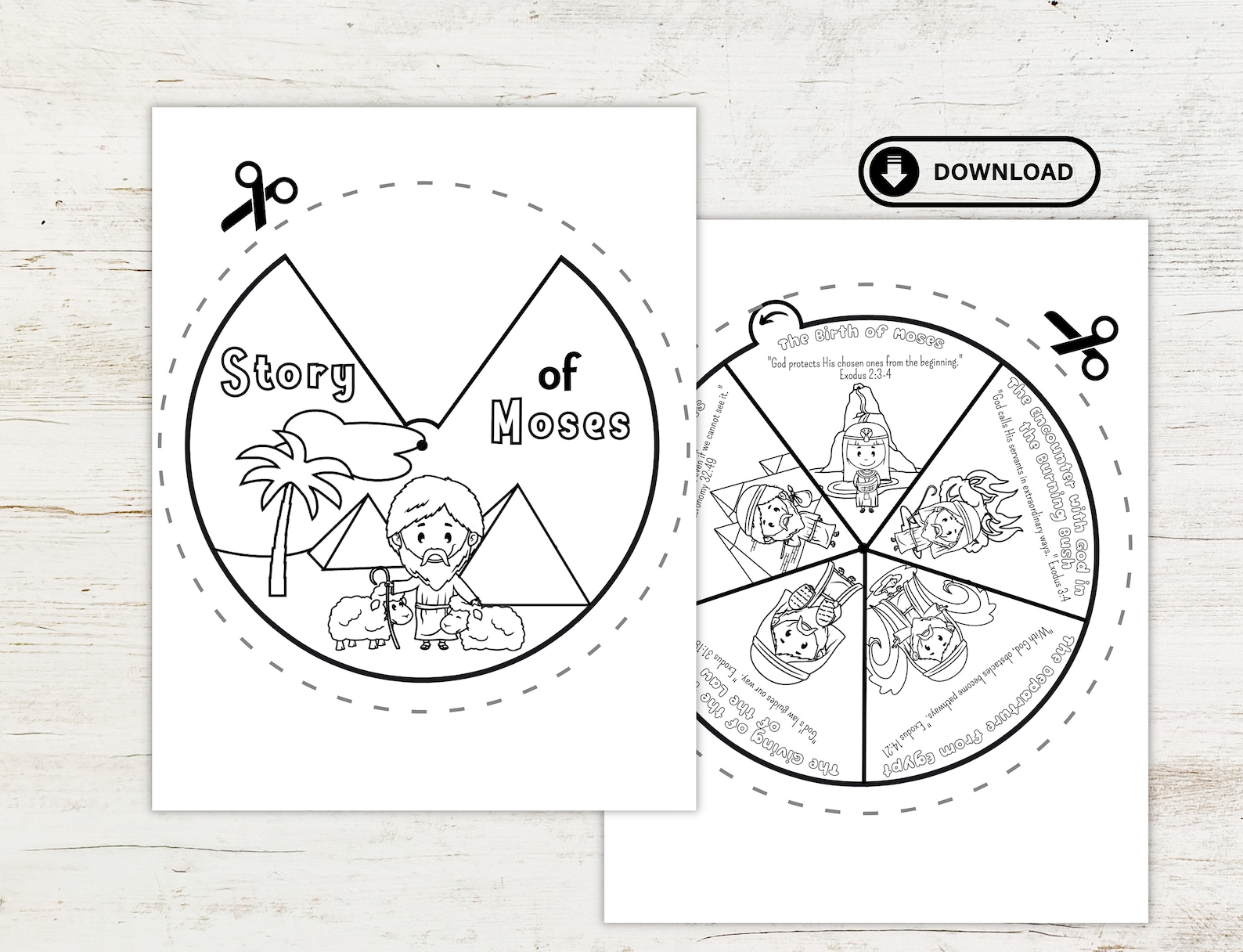 Story of Moses Coloring Wheel, Bible Coloring Wheel, Printable Bible ...