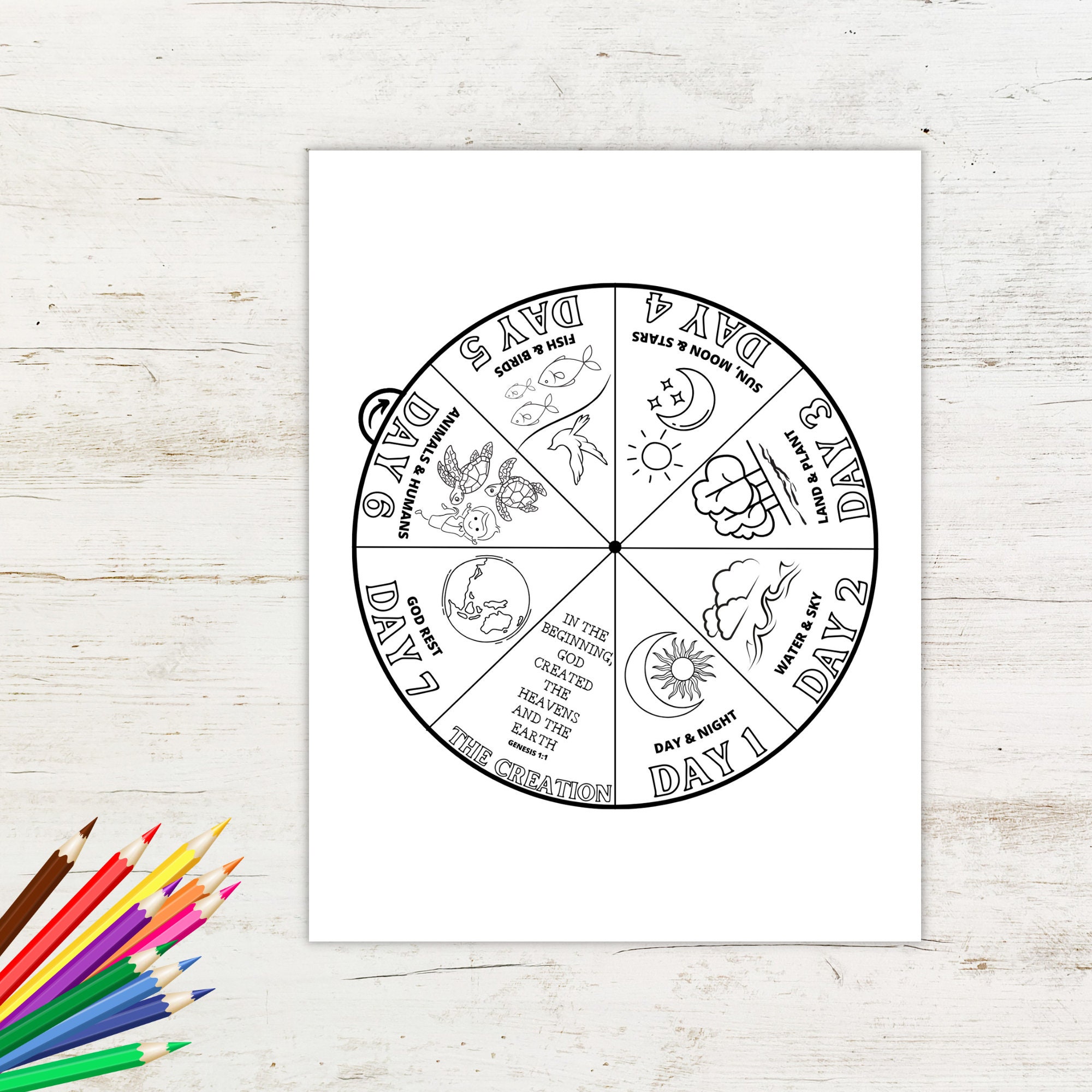 Days of Creation Coloring Wheel Bible Story Wheel Kids Bible Lesson ...