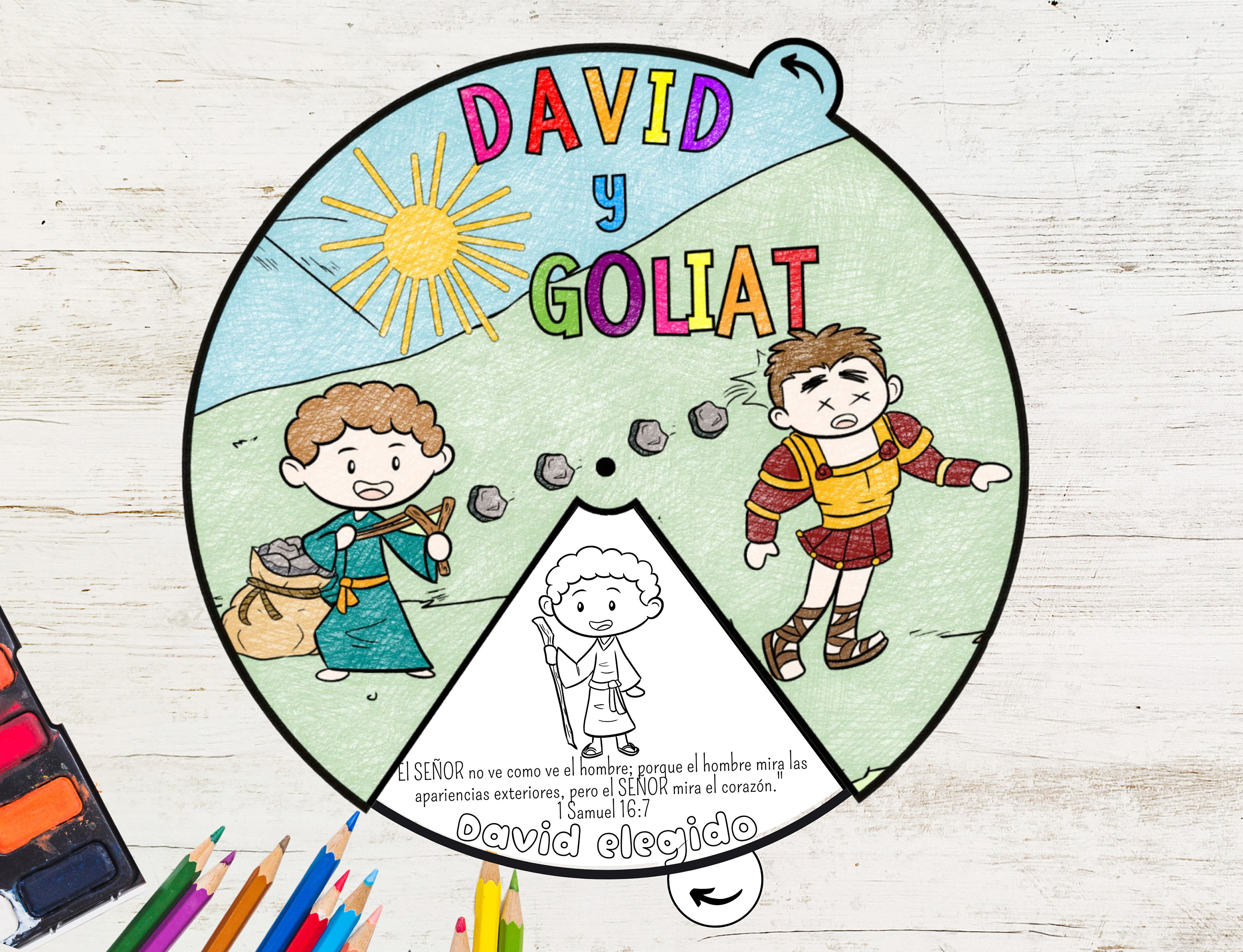 David and Goliath Coloring Wheel IN SPANISH, Printable Bible Activity ...
