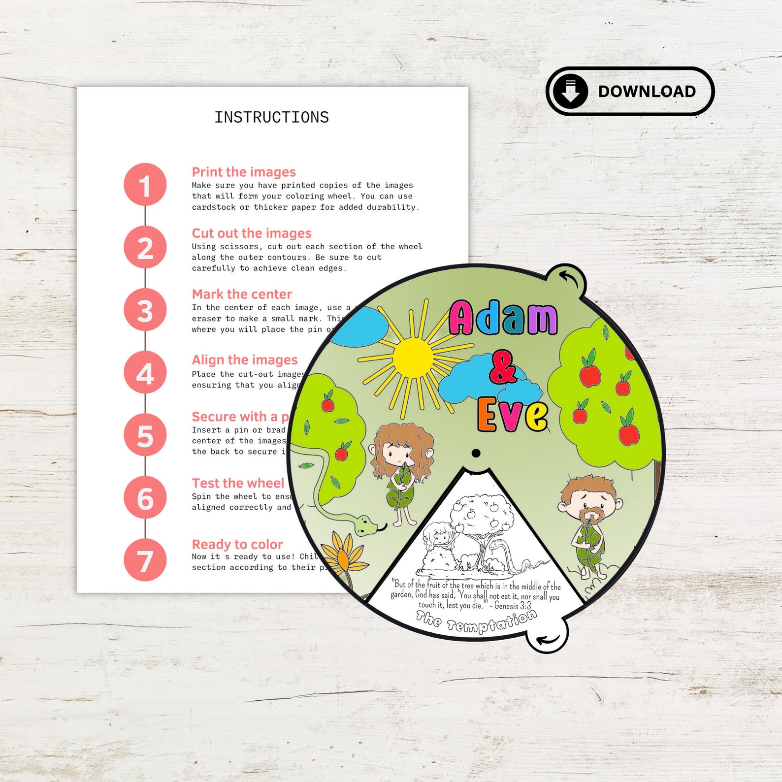 Adam and Eve Coloring Wheel Bible Story Wheel Printable Bible Activity ...