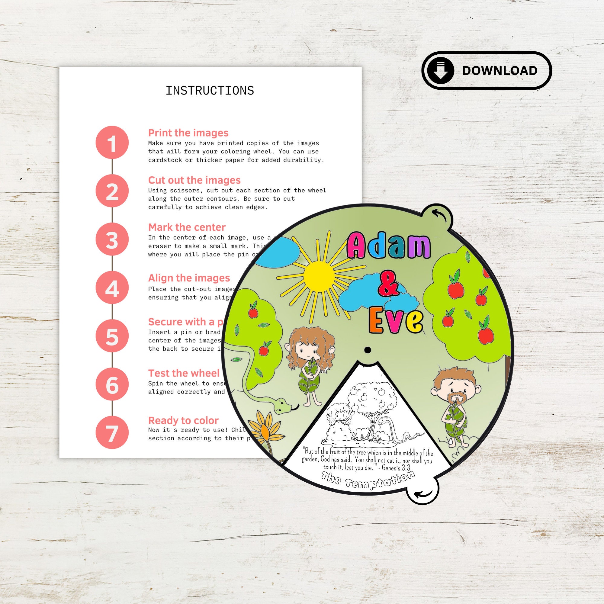 Adam and Eve Coloring Wheel | Bible Story Wheel | Printable Bible ...