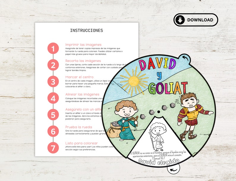 David and Goliath Coloring Wheel IN SPANISH, Printable Bible Activity ...