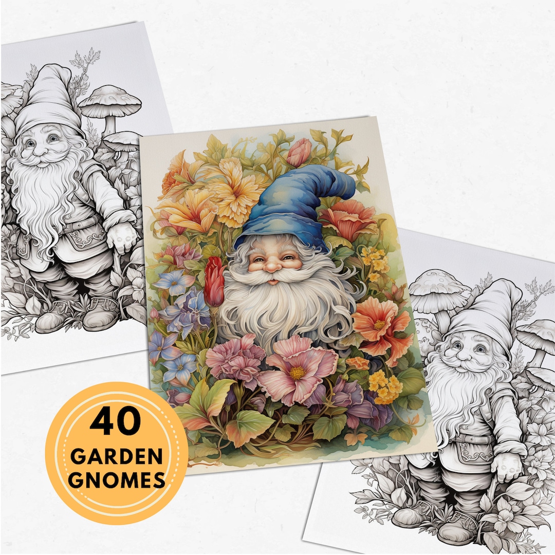 40 Garden Gnomes Coloring Book Printable Adult Kids Cute Colouring ...