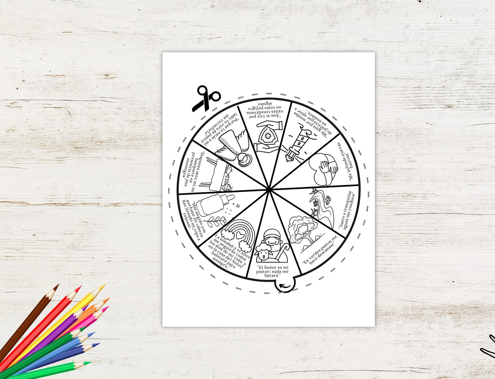 Psalm 23 Coloring Wheel IN SPANISH, Jesus Coloring Wheel, Printable ...