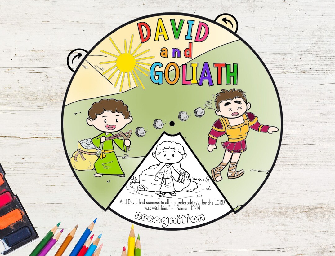 David and Goliath Coloring Wheel, Printable Bible Activity, Watercolor ...
