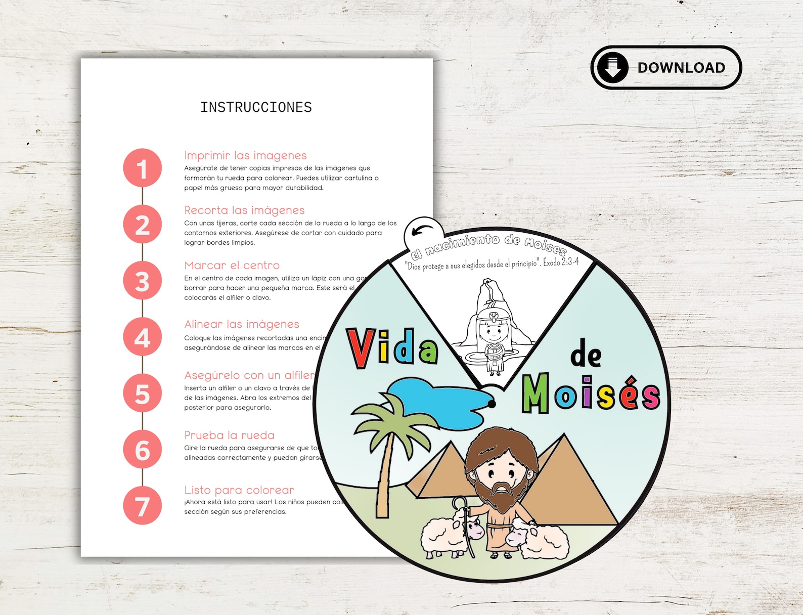 Story of Moses Coloring Wheel SPANISH, Bible Coloring Wheel, Printable ...