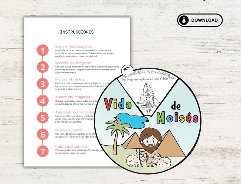 Story of Moses Coloring Wheel SPANISH, Bible Coloring Wheel, Printable ...