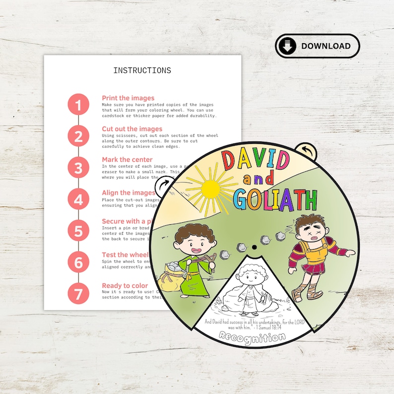 David and Goliath Coloring Wheel, Printable Bible Activity, Watercolor ...
