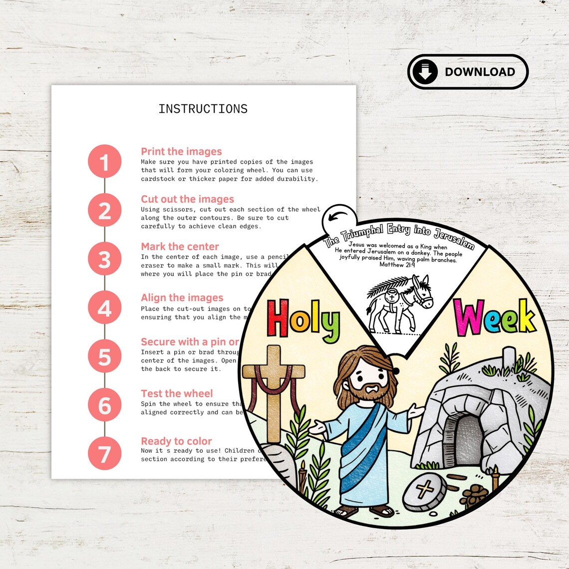 Holy Week Coloring Wheel, Printable Easter Story, Holy Week Printable ...