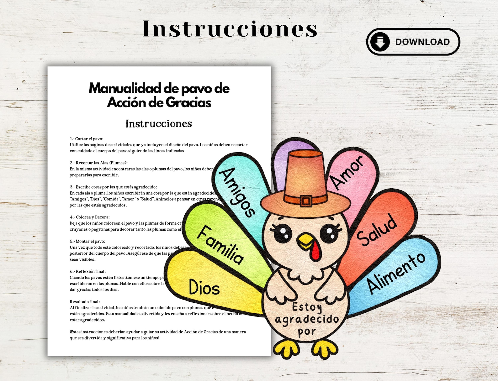 Thankful Turkey Craft for Kids in SPANISH, Thanksgiving Activity ...