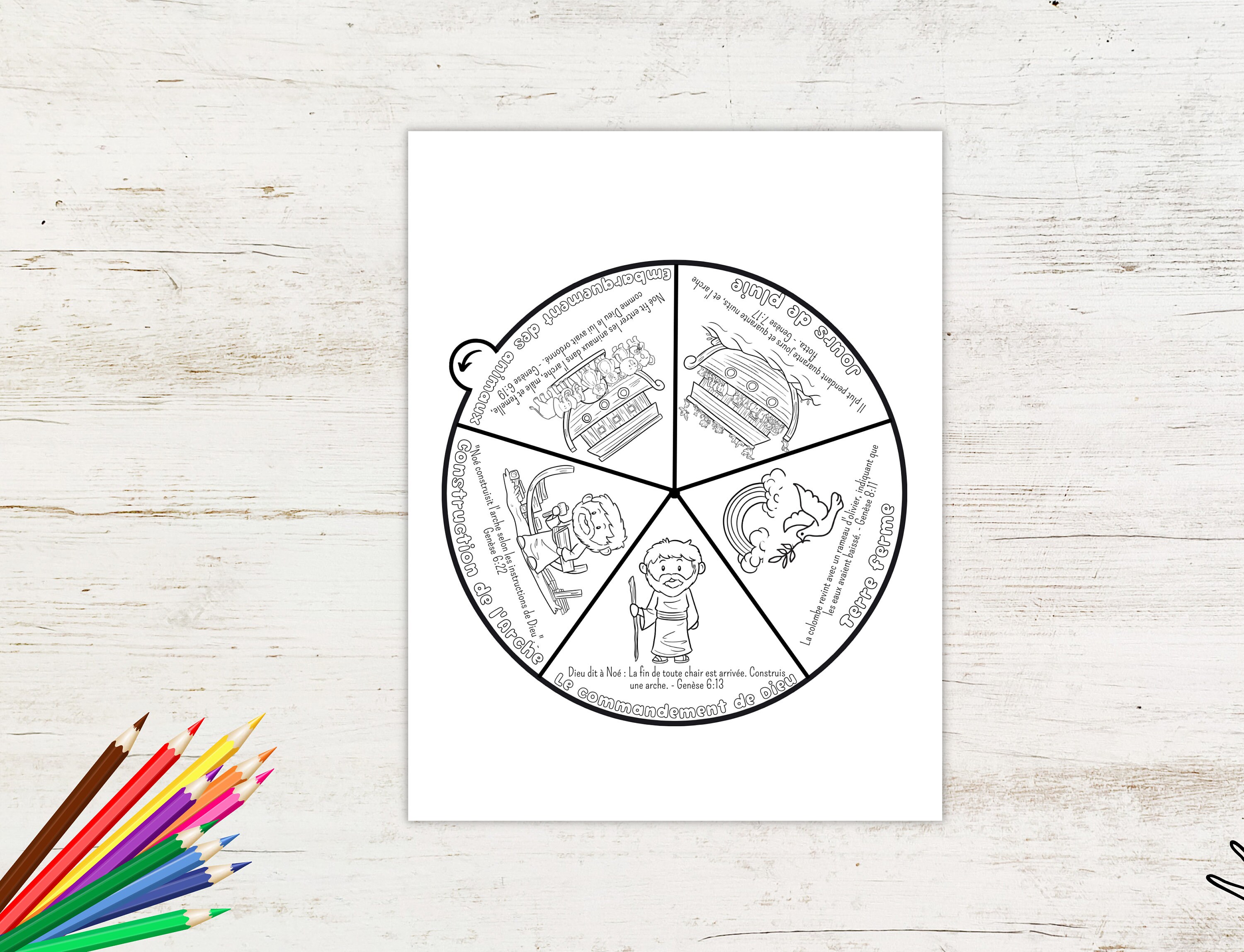 Noahs Ark Coloring Wheel FRENCH Bible Story Activities Printable Bible ...