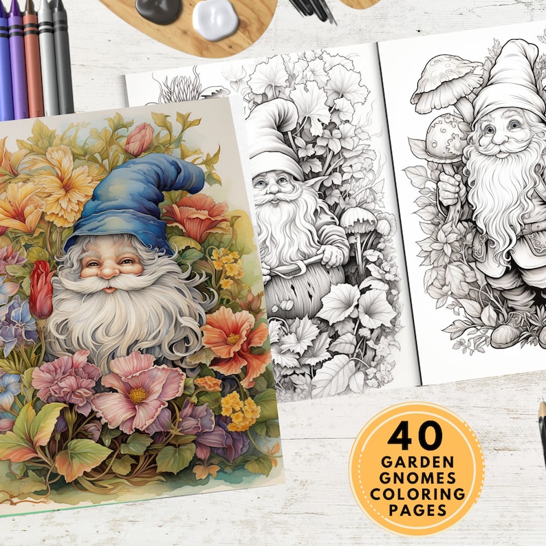 40 Garden Gnomes | Coloring Book | Printable Adult Kids Cute Colouring ...