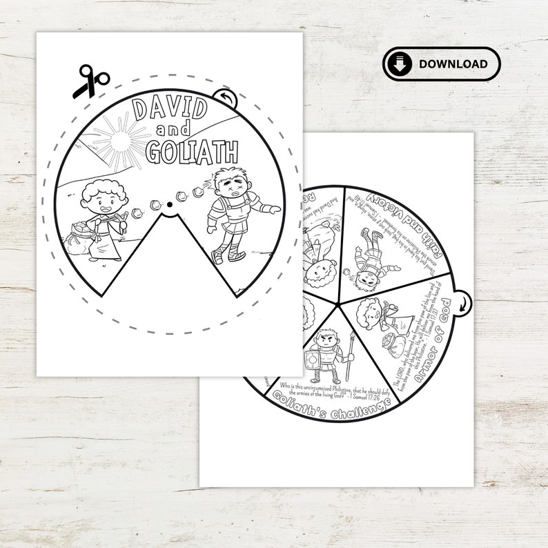 David and Goliath Coloring Wheel, Printable Bible Activity, Watercolor ...