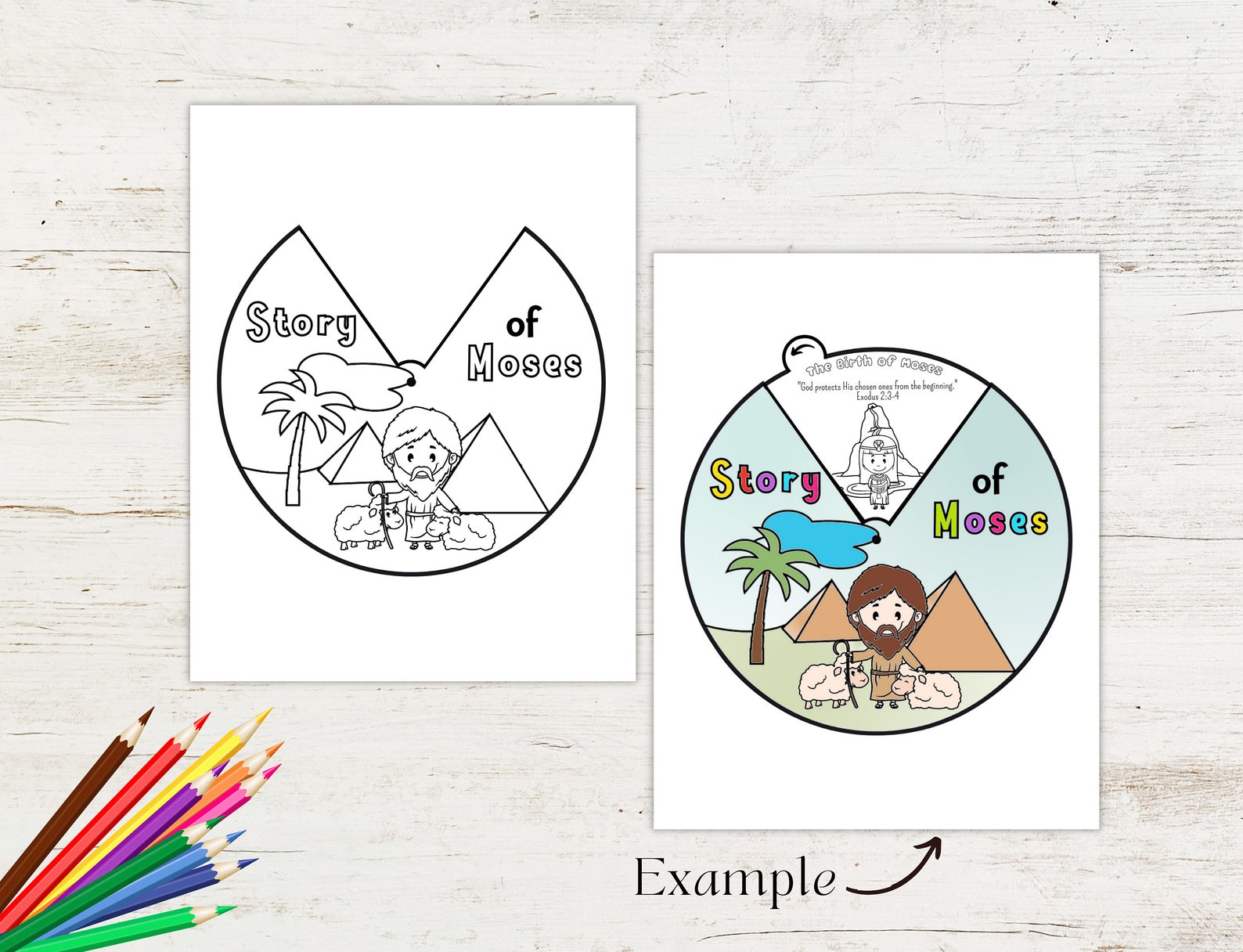 Story of Moses Coloring Wheel, Bible Coloring Wheel, Printable Bible ...
