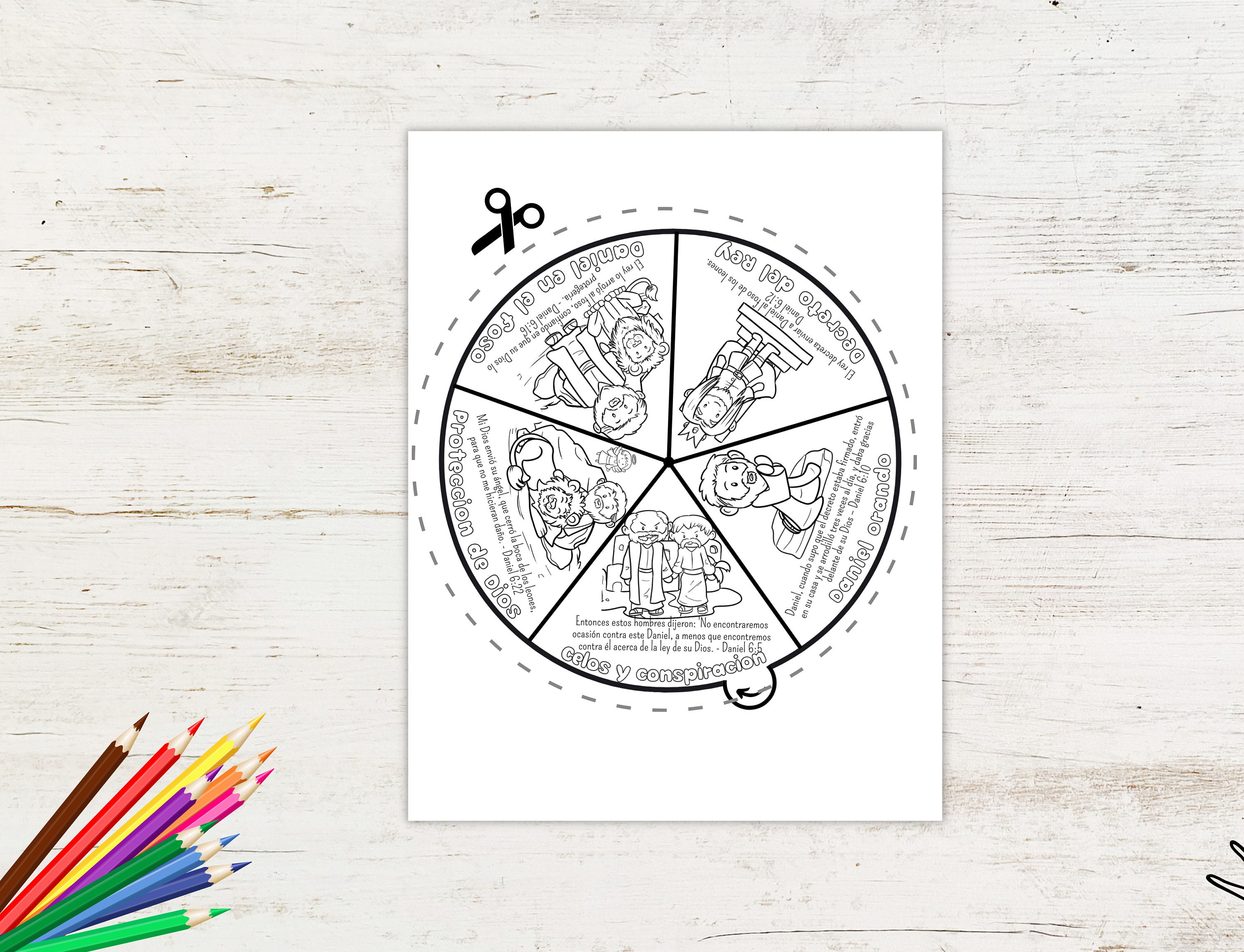 Daniel and the Lions Den Coloring Wheel IN SPANISH Bible Story Wheel Printable Bible Activity ...