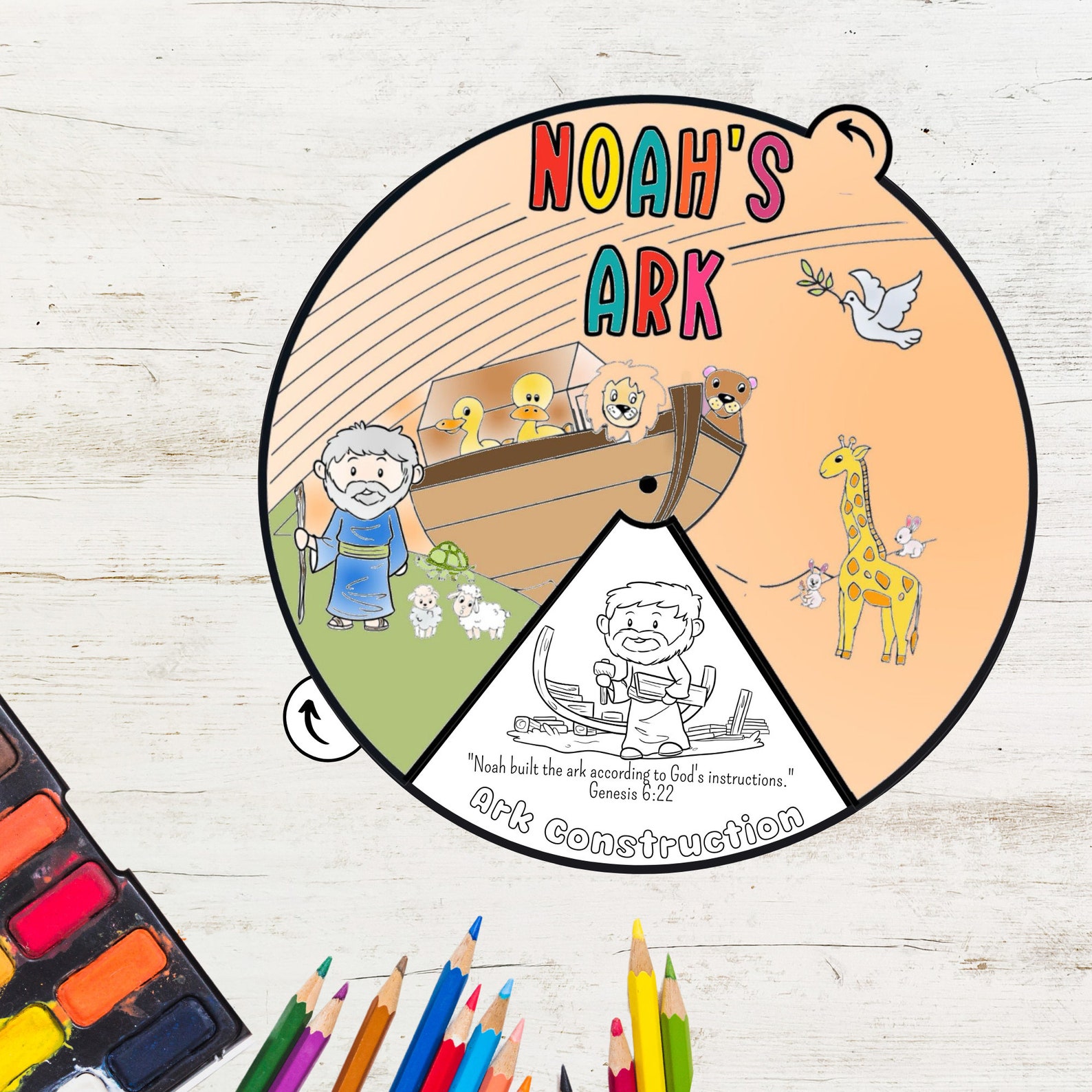 Noahs Ark Coloring Wheel Bible Story Activities Printable Bible ...