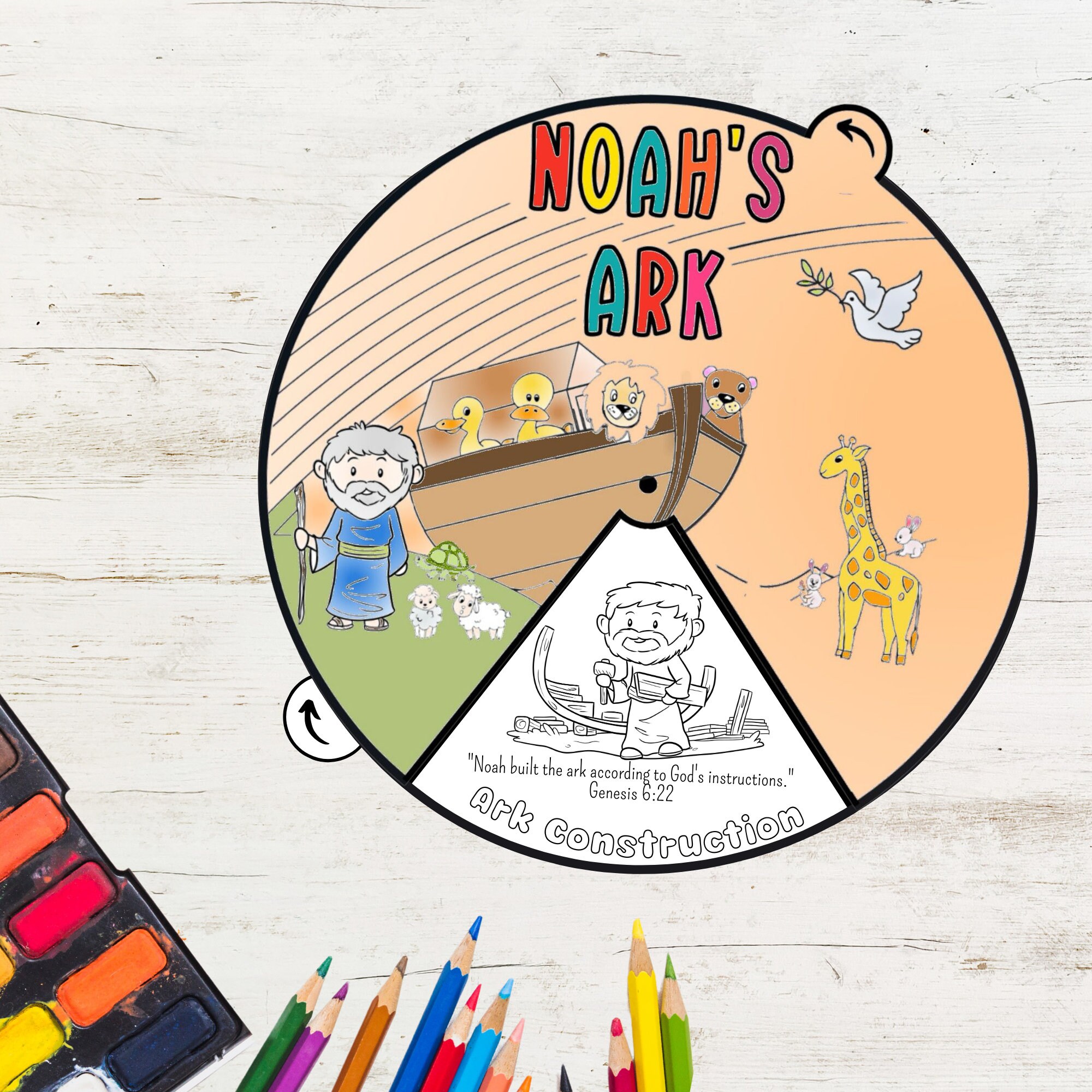 Noahs Ark Coloring Wheel Bible Story Activities Printable Bible ...