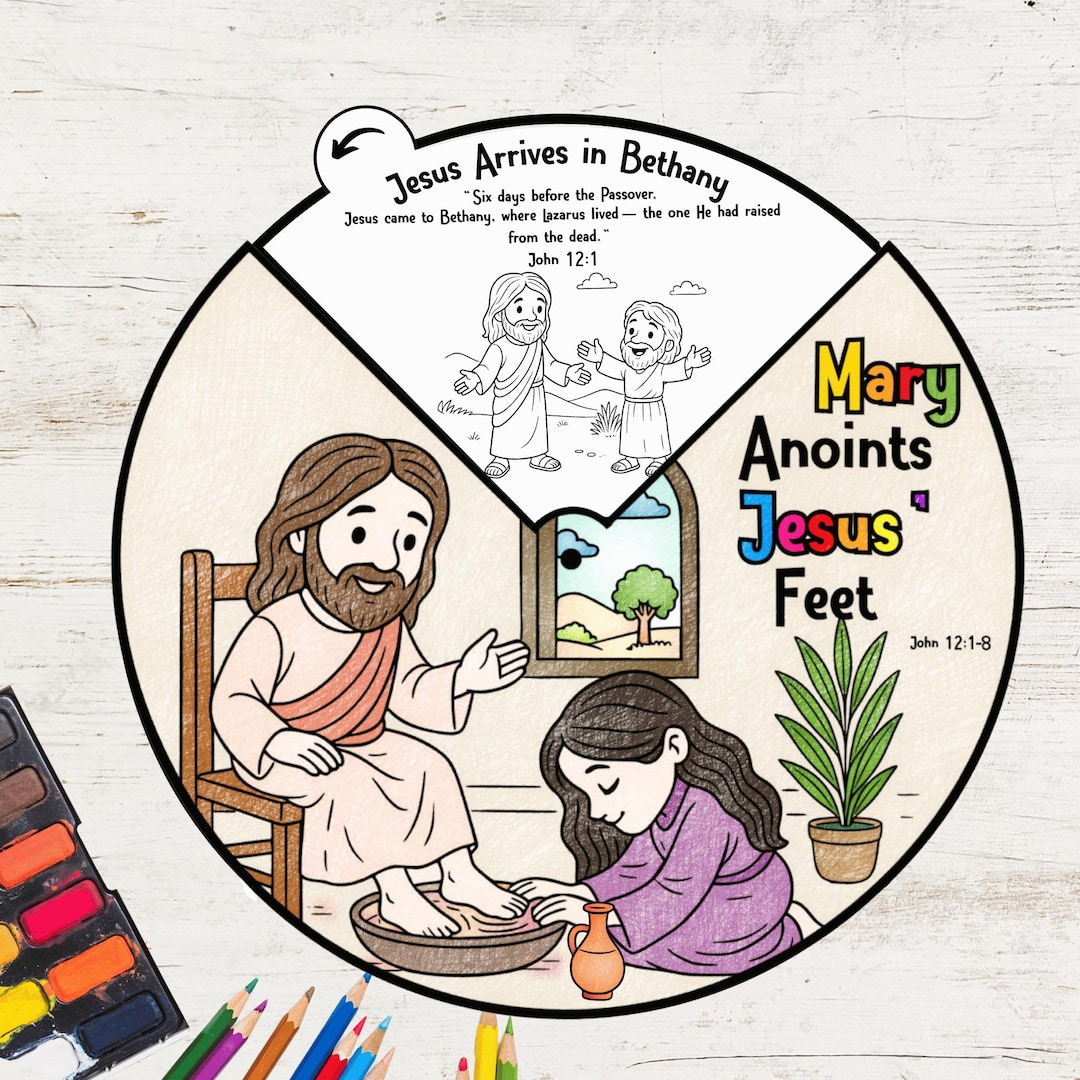 Mary Anoints Jesus' Feet - Coloring Wheel | Bible Story Activity for ...