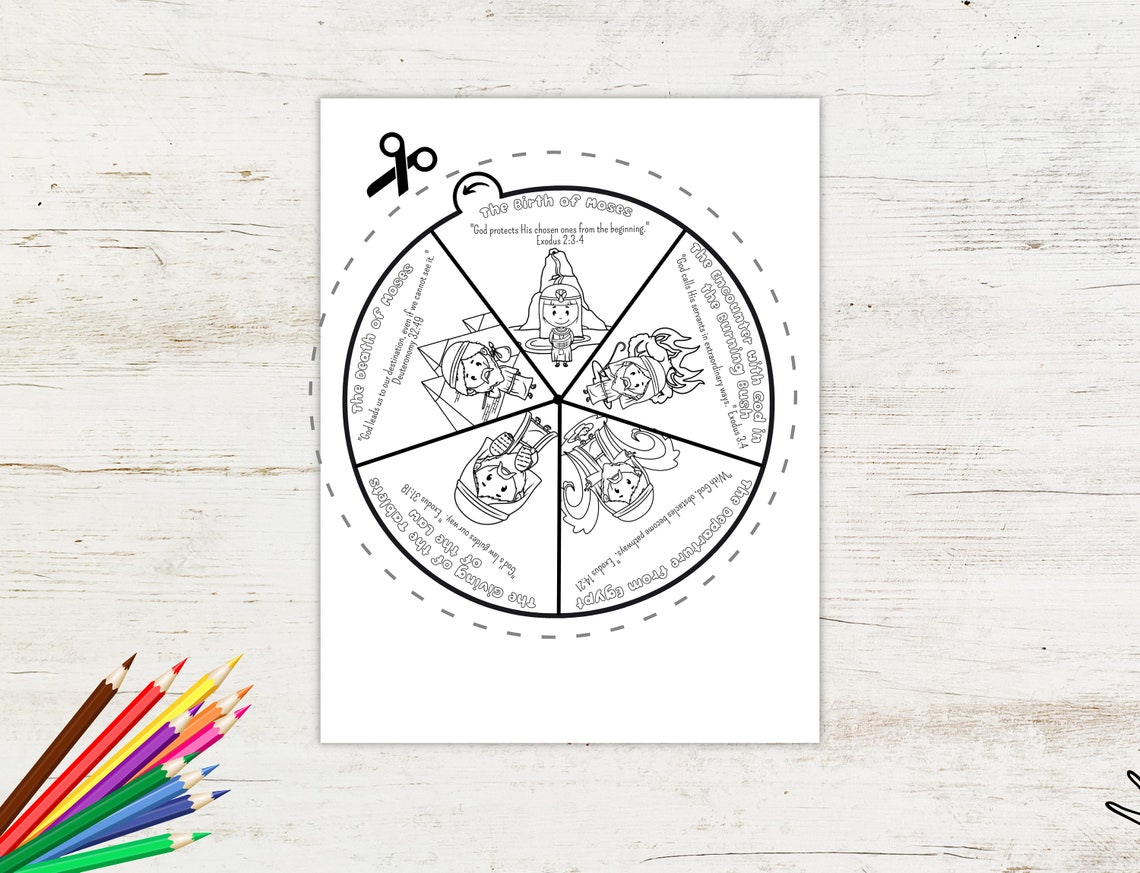 Story of Moses Coloring Wheel, Bible Coloring Wheel, Printable Bible ...