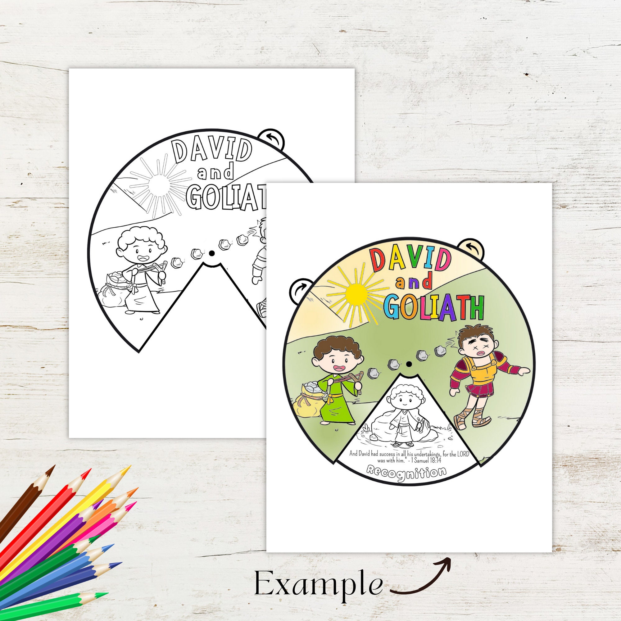 David and Goliath Coloring Wheel, Printable Bible Activity, Watercolor ...