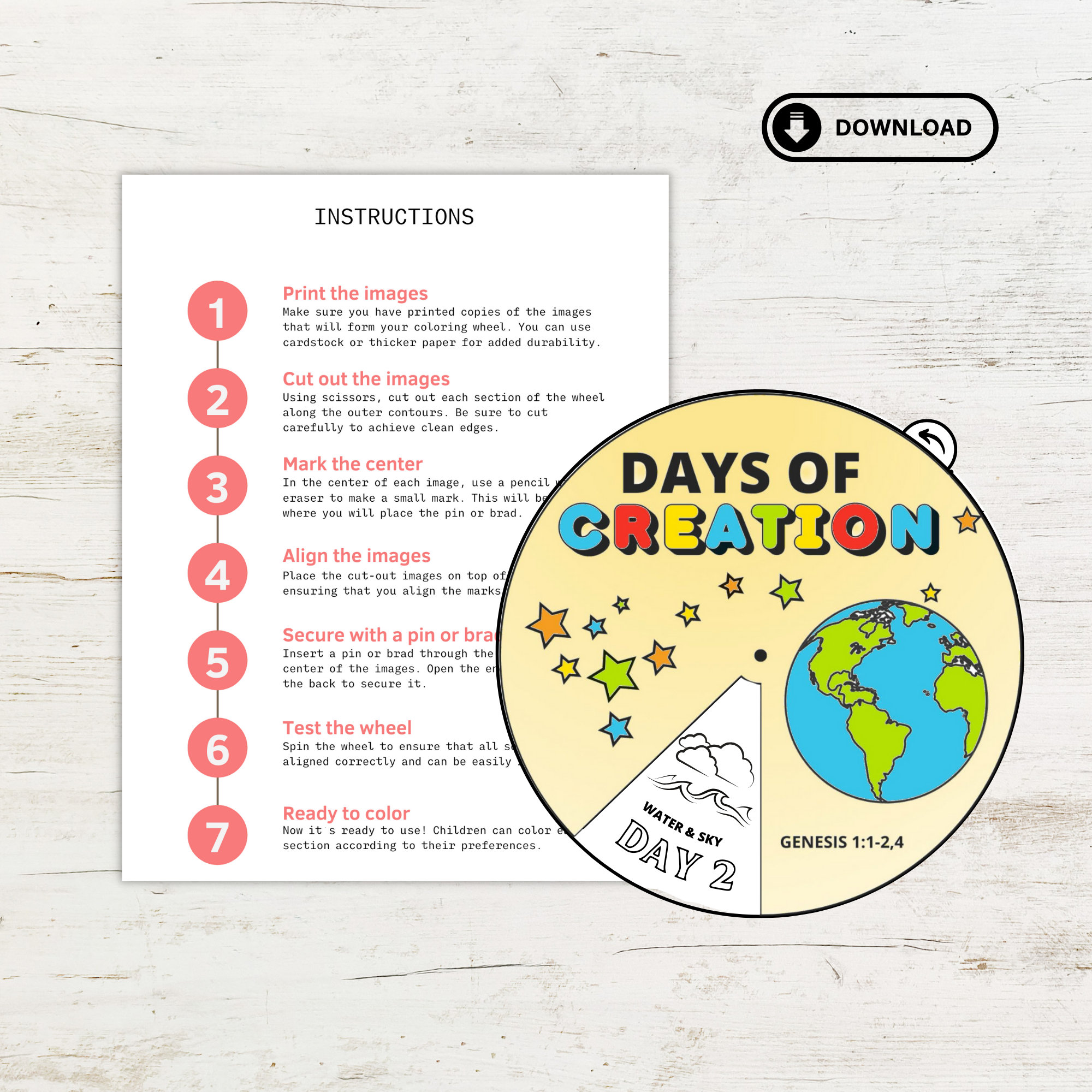 Days of Creation Coloring Wheel Bible Story Wheel Kids Bible Lesson ...