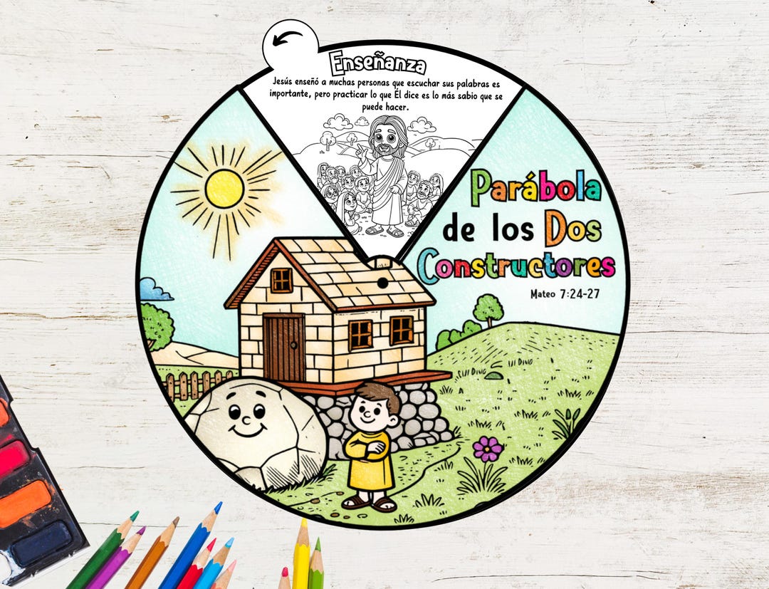 The Parable of the Two Builders Coloring Wheel IN SPANISH | Bible Story ...