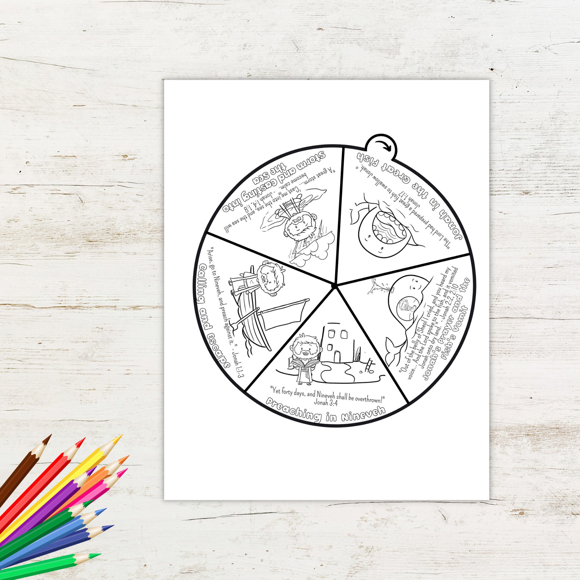 Jonah and the Whale Coloring Wheel Bible Story Wheel Printable Bible ...