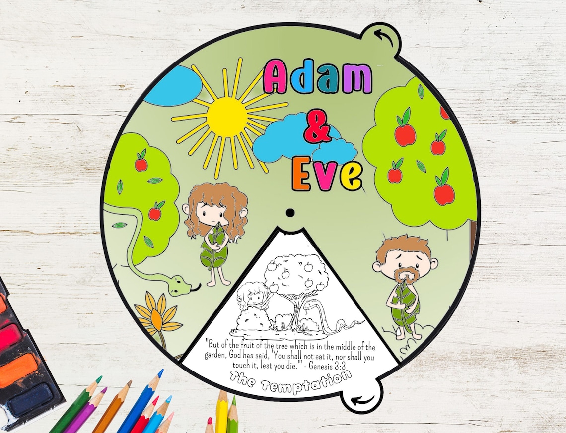 Adam and Eve Coloring Wheel Bible Story Wheel Printable Bible Activity ...