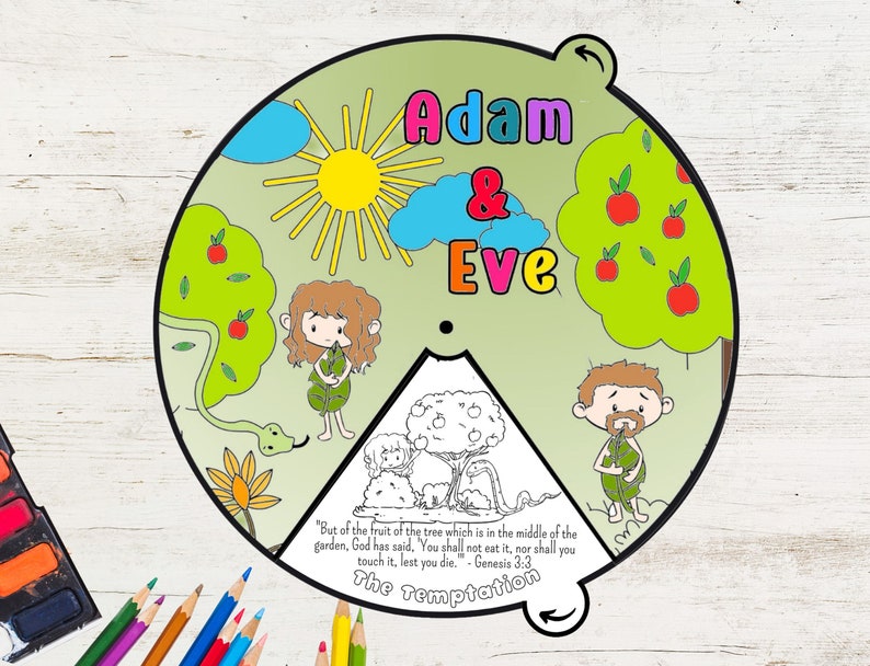 Adam and Eve Coloring Wheel Bible Story Wheel Printable Bible Activity ...
