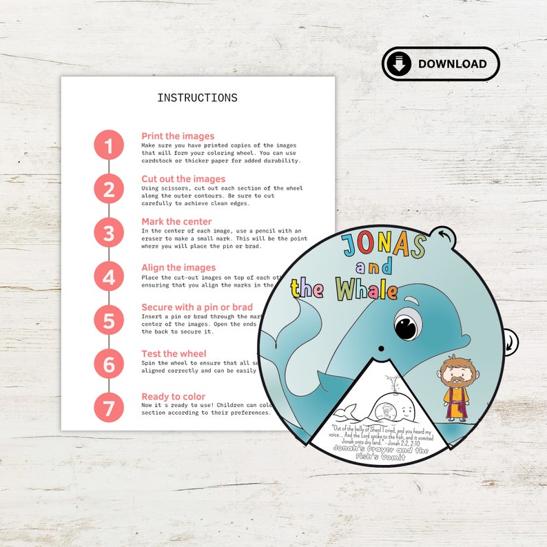 Jonah and the Whale Coloring Wheel Bible Story Wheel Printable Bible ...