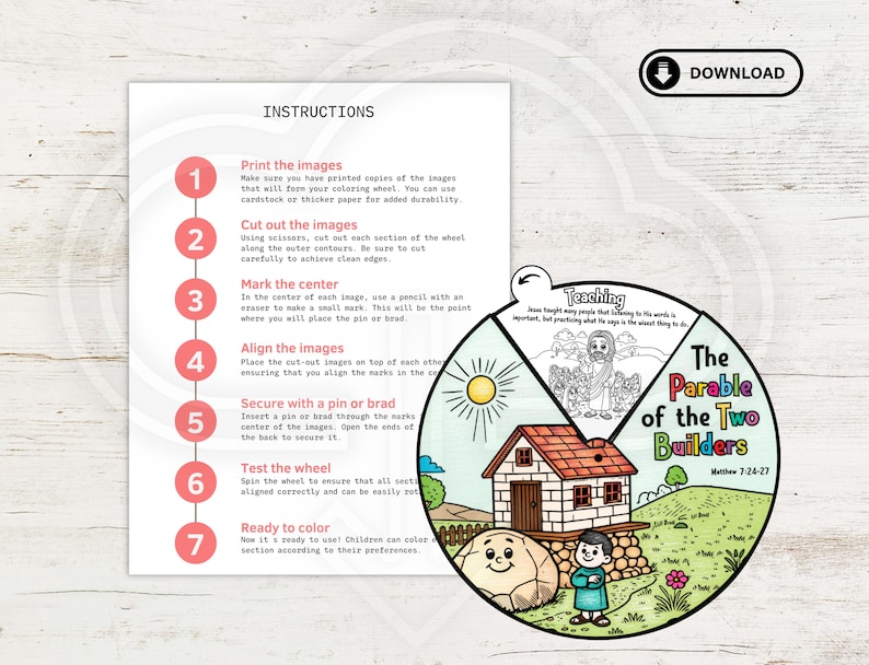 The Parable of the Two Builders Coloring Wheel Bible Story Activity for ...