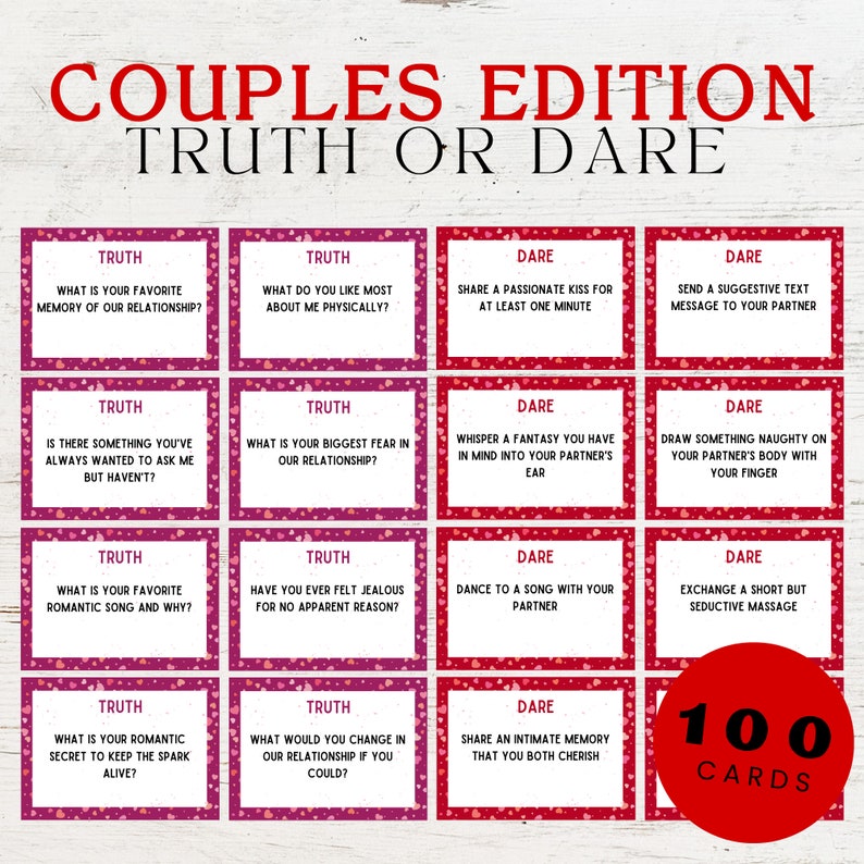 100 Couples Truth or Dare Question Cards Valentines Day Games Game for ...