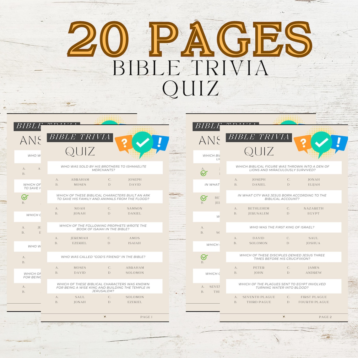 20 Pages Bible Trivia Quiz, Bible Quiz Game With Multiple Choice ...