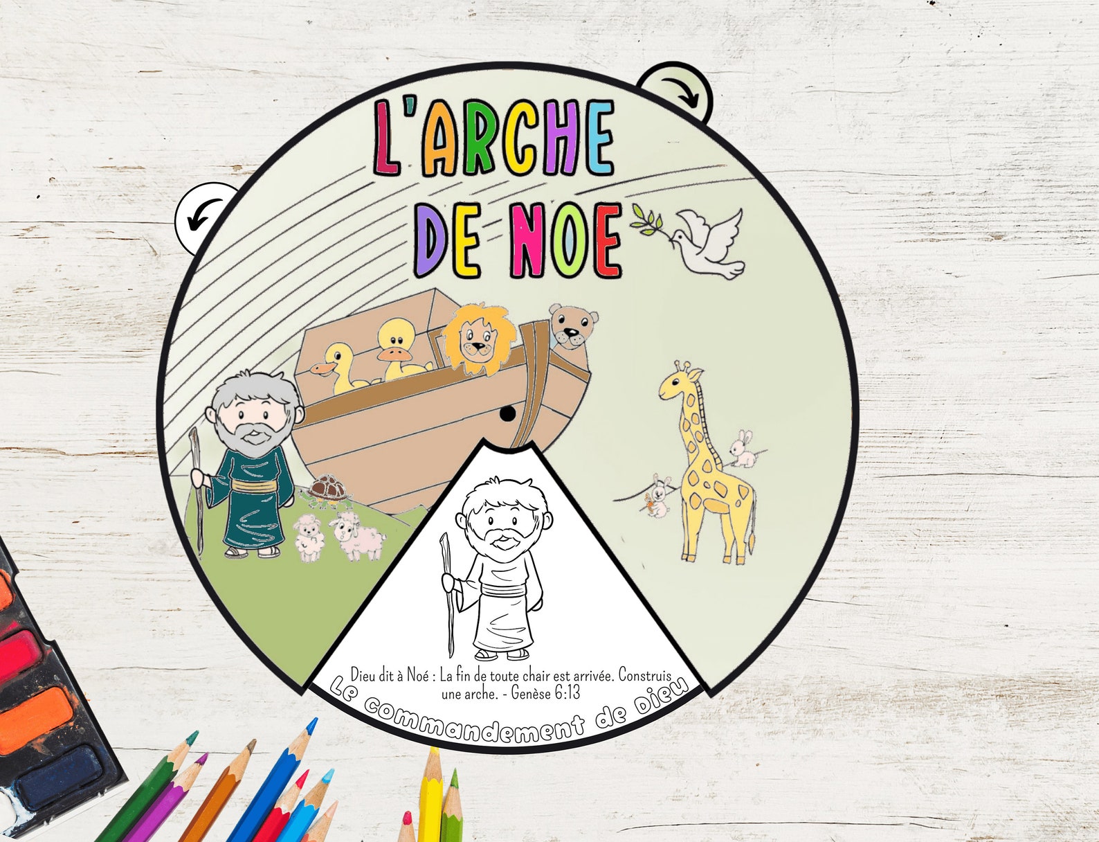 Noahs Ark Coloring Wheel FRENCH Bible Story Activities Printable Bible ...