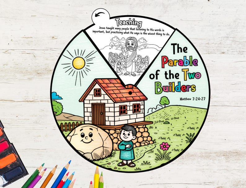 The Parable of the Two Builders Coloring Wheel Bible Story Activity for ...