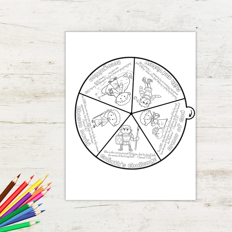David and Goliath Coloring Wheel, Printable Bible Activity, Watercolor ...