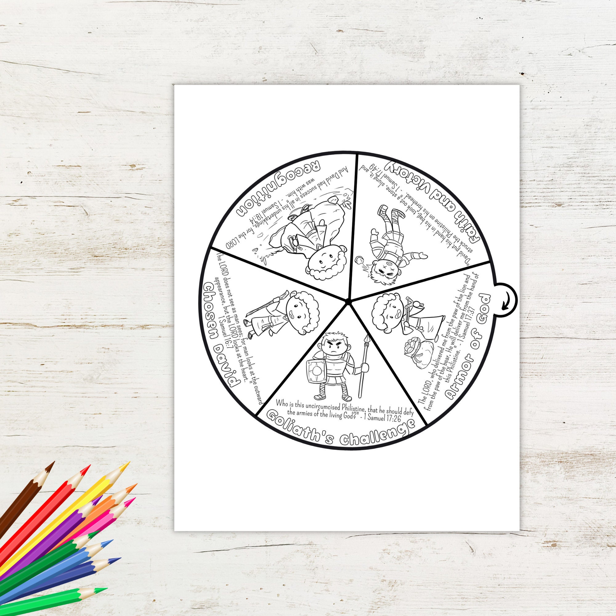 David and Goliath Coloring Wheel, Printable Bible Activity, Watercolor ...